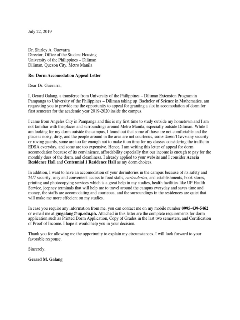 Dorm Appeal Letter | PDF | Dormitory | Further Education