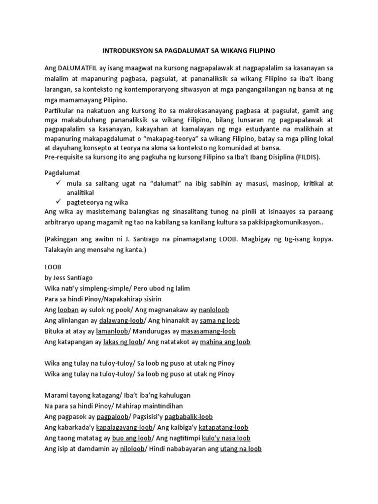 Introduksyon Sa Pagdalumat Sa Wikang Filipino | PDF
