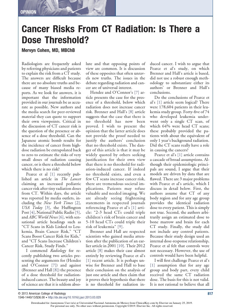 Cancer Risks From CT Radiation Is There A | PDF | Medical Physics | Ct Scan