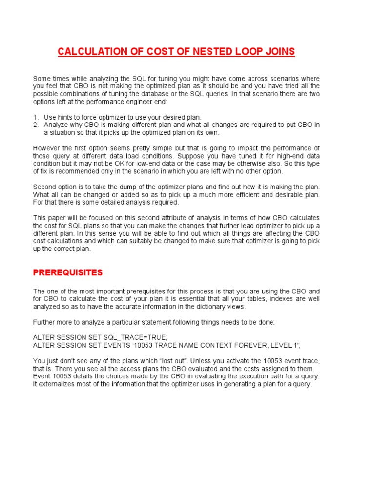 Oracle Calculation Of Cost Of Nested Loop Joins Pdf Database Index Databases