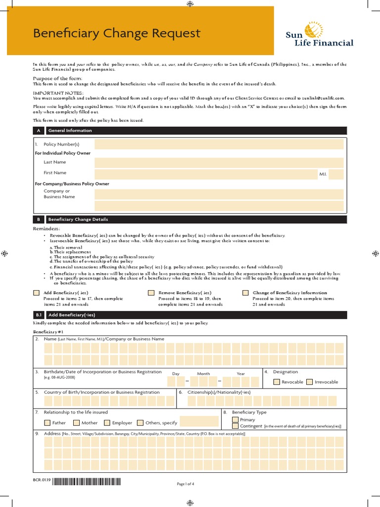 Beneficiary Change Request: Purpose of The Form: Important Notes | PDF ...
