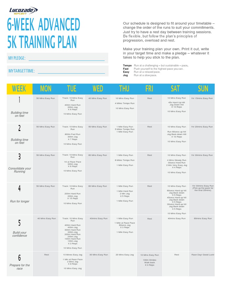 6-Week Advanced 5K Training Plan: MON TUE WED THU FRI SAT SUN | PDF ...