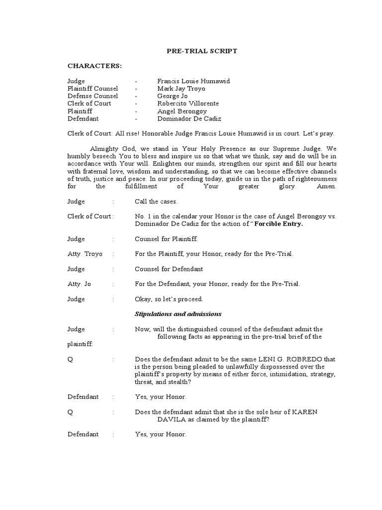 Pre-Trial Script Characters:: Stipulations and Admissions | PDF | Judge ...