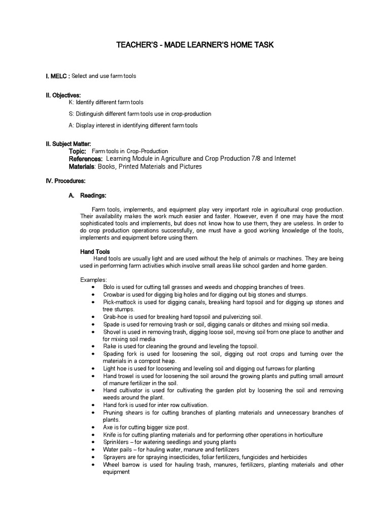 TLE-7 - Learners Home Task in Agricrop Production | PDF | Plough | Tillage