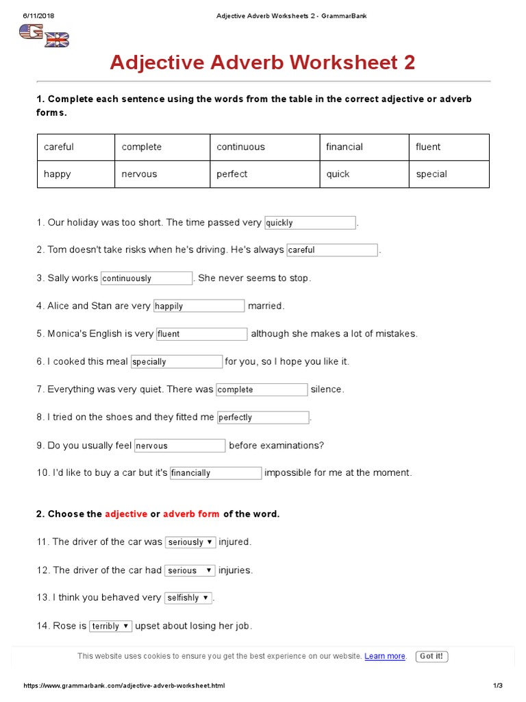 Practicing Adjective and Adverb Forms with a Grammar Worksheet | PDF ...