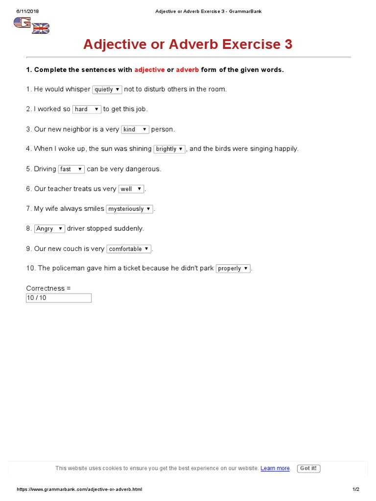 Adjective or Adverb Exercise 3 - GrammarBank | PDF