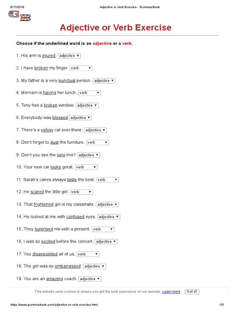 Adjective or Verb Exercise - GrammarBank | PDF