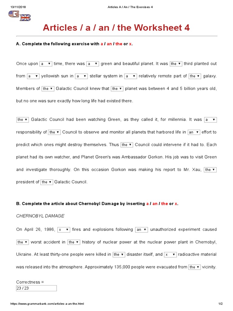 Articles / A / An / The Worksheet 4 | PDF