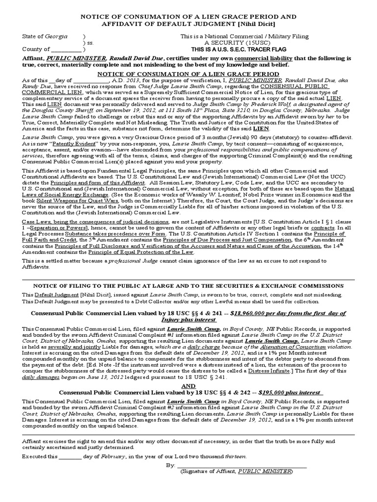 Notice of Consumation of A Lien Grace Period and Affidavit of Default ...
