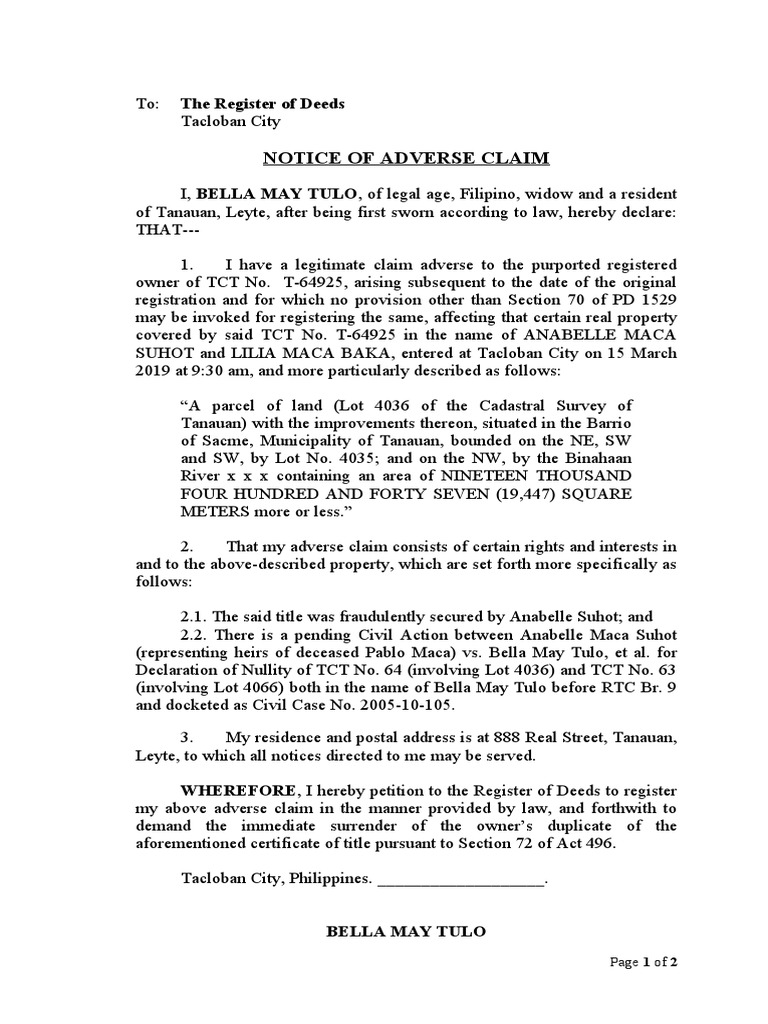 Notice of Adverse Claim: The Register of Deeds | Download Free PDF ...