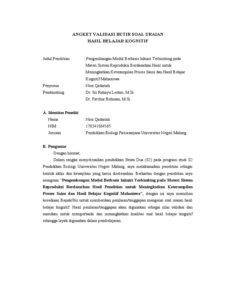 Rev-Lampiran. Angket Validasi Butir Soal | PDF