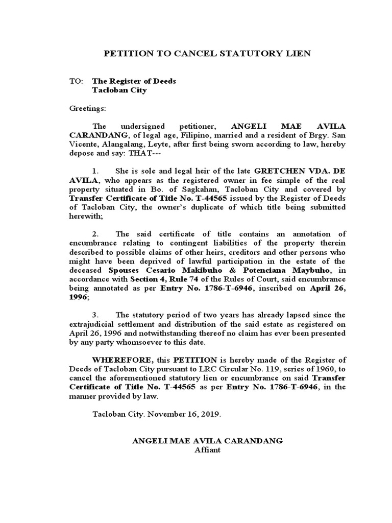 Petition to Cancel Statutory Lien | PDF | Law