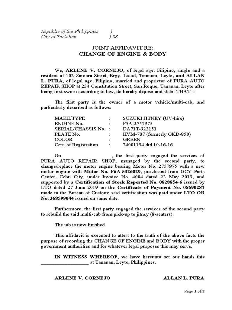 Change of Engine & Body: Joint Affidavit Re | PDF