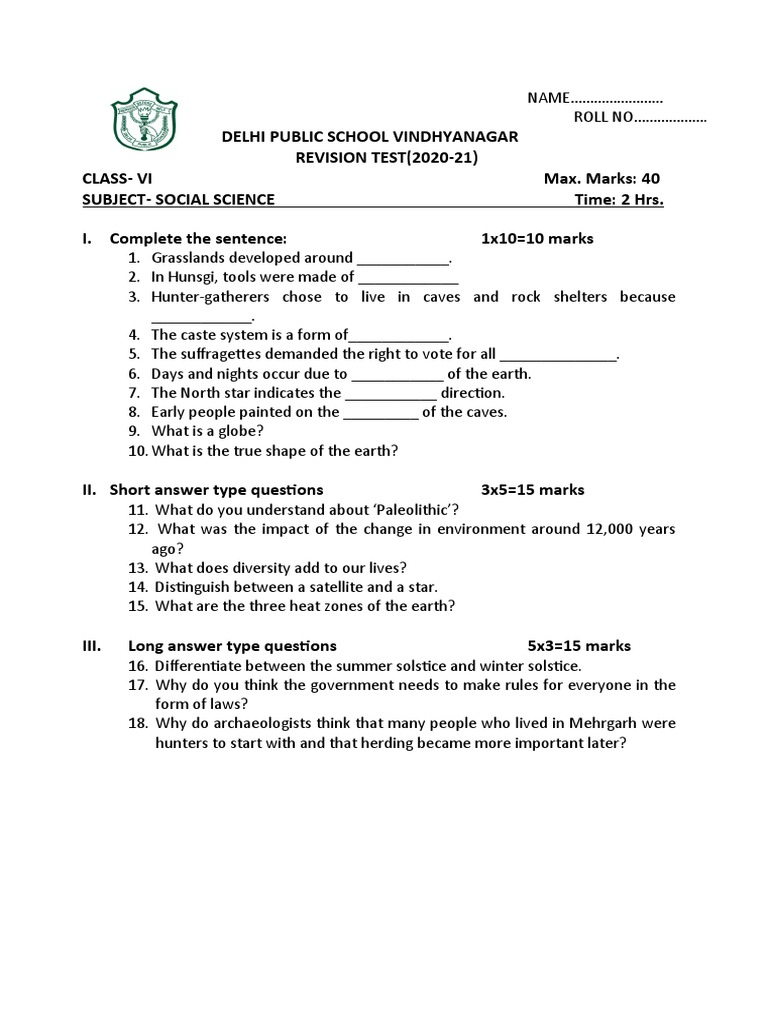 REVISION TEST Class 6 | PDF