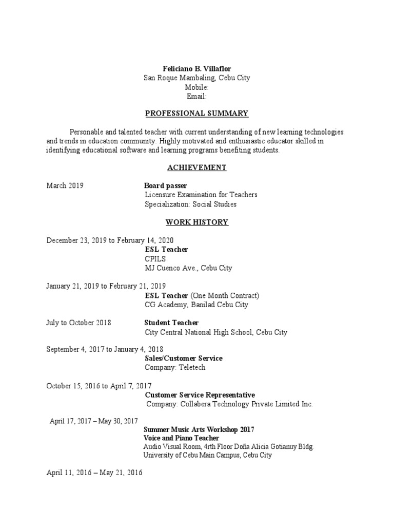 Sample Resume For Teacher | PDF | Teachers | Pedagogy