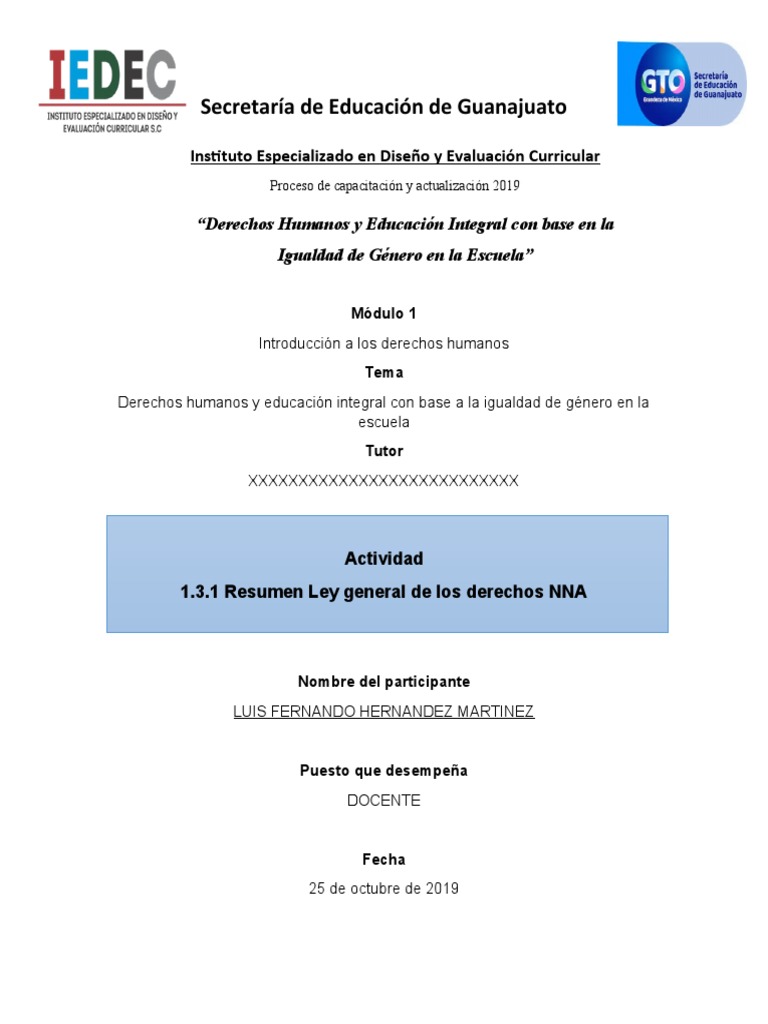 Act - 1 Resumen Ley General Derecho NNA | Descargar gratis PDF | Federación | México