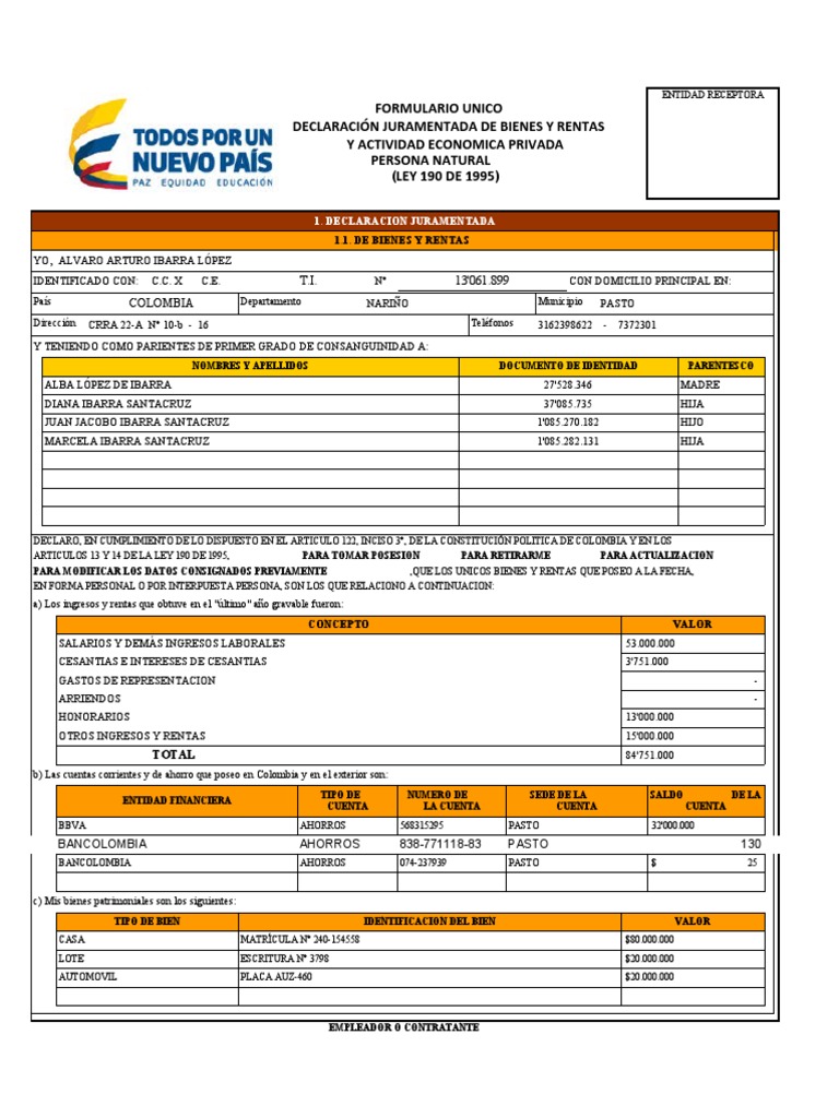 Formulario Unico Declaración Juramentada de Bienes Y Rentas Y Actividad ...