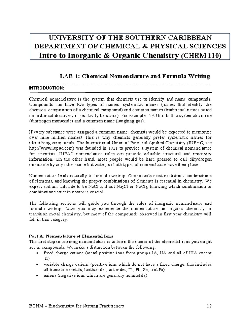 Lab 2 Chemical Nomenclature and Formula Writing (Word) | PDF | Ion | Acid