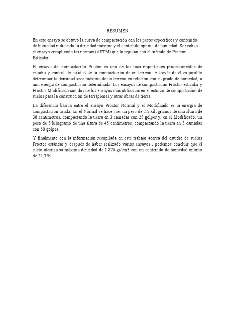 RESUMEN Ensayo Proctor Standar | PDF