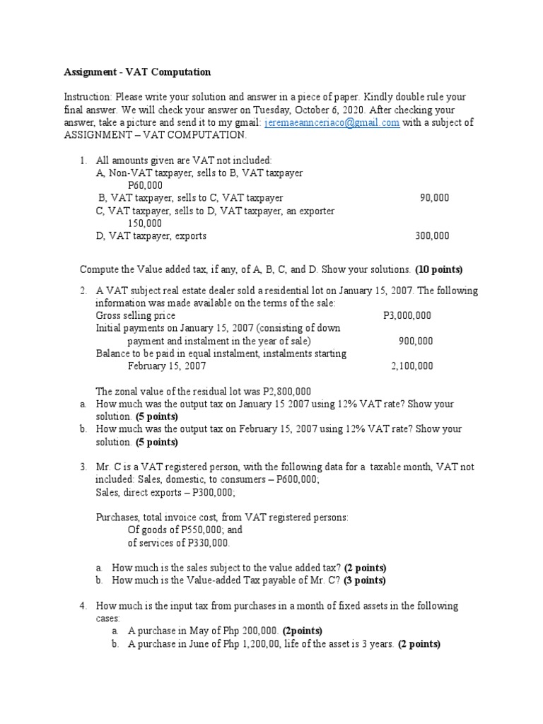 Assignment VAT Computation | PDF | Value Added Tax | Value Added