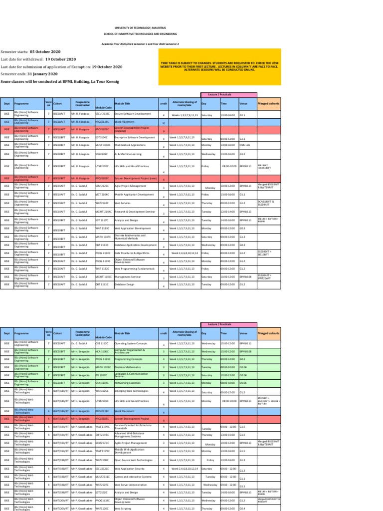 UTM Timetable Sem 1 2020 and Sem 2 2020 | PDF | World Wide Web ...