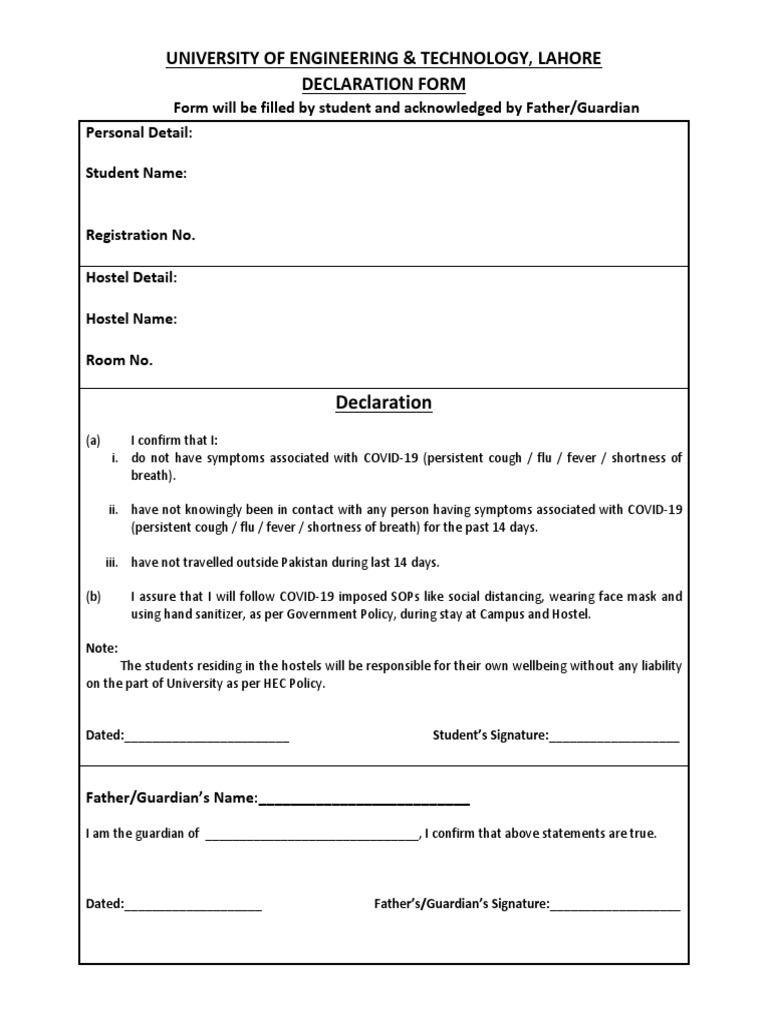 University of Engineering & Technology, Lahore Declaration Form | PDF