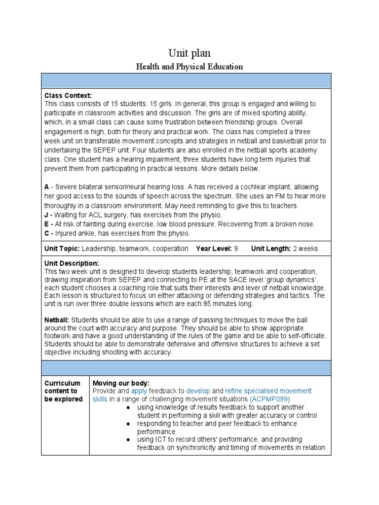 Unit Plan: Health and Physical Education | PDF | Educational Technology ...