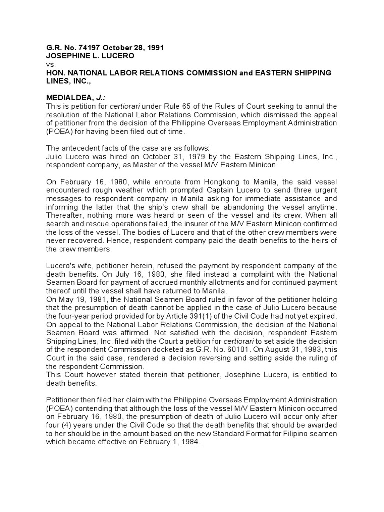 Lucero V NLRC & Easthern Shipping Lines, Inc | PDF | Justice | Crime ...