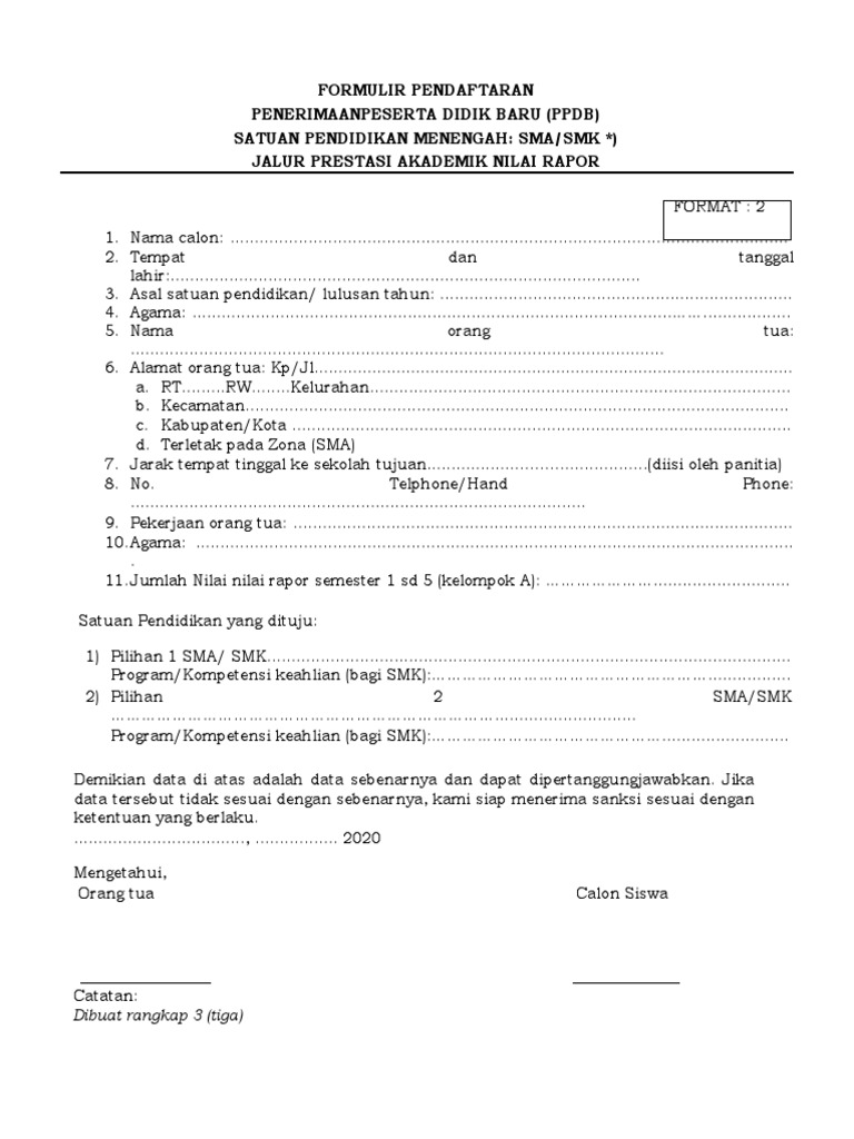 Form Pendaftaran Jalur Prestasi Akademik Nilai Rapor | PDF