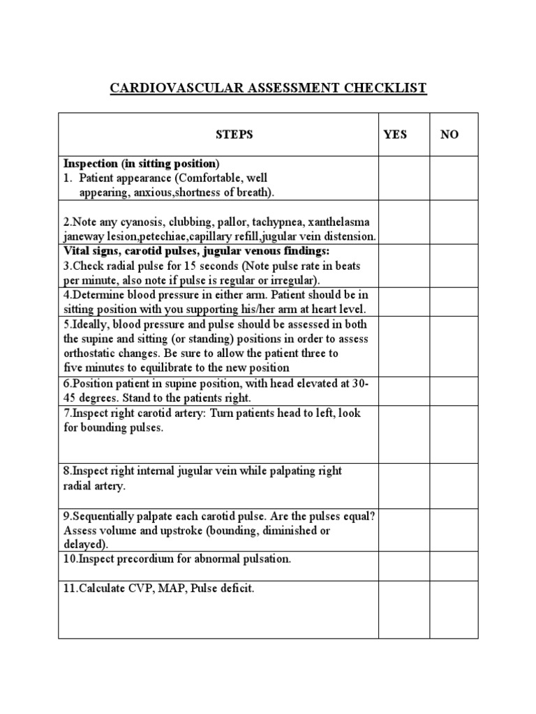 Cardiovascular Assessment Checklist | PDF | Pulse | Cardiovascular ...