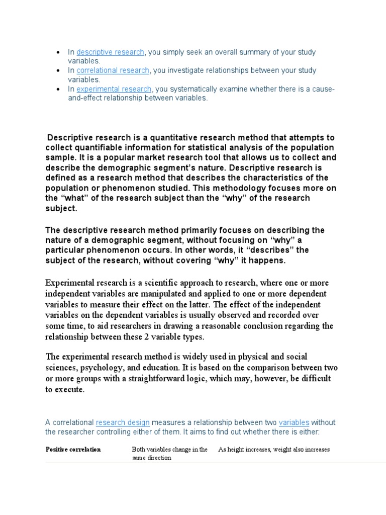 Descriptive Research Correlational Research Experimental Research | PDF
