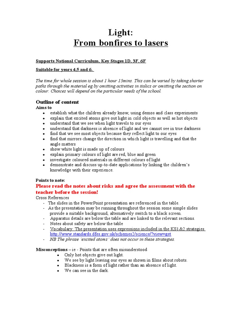 Light: From Bonfires To Lasers: Outline of Content | Download Free PDF ...