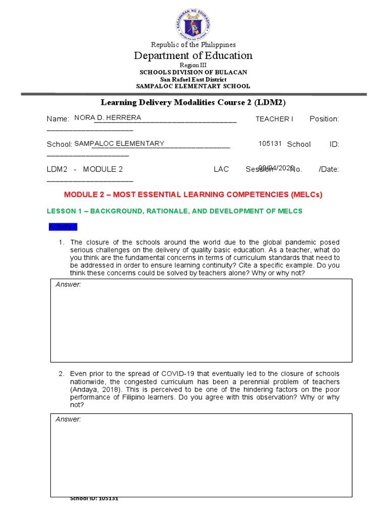 Department of Education: Learning Delivery Modalities Course 2 (LDM2 ...