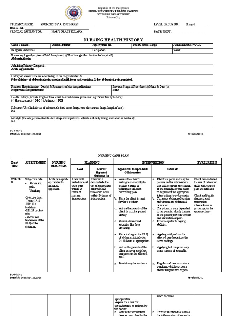 Appendicitis NCP (Autosaved) | Medical Specialties | Clinical Medicine