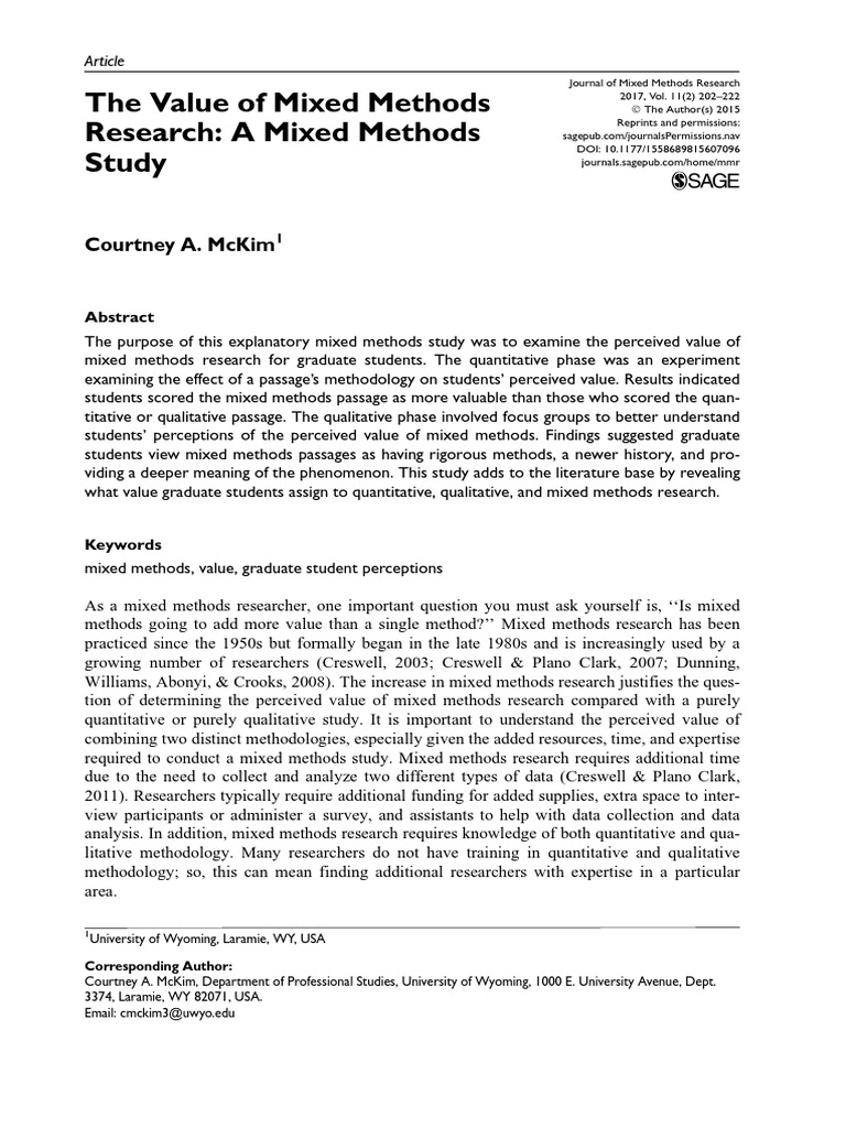 The Value of Mixed Methods Research A Mixed Methods Study. Journal of ...