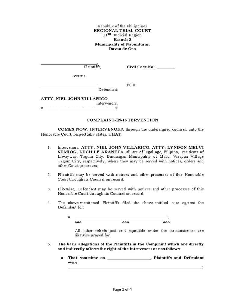 Sample Complaint in Intervention | Download Free PDF | Affidavit ...