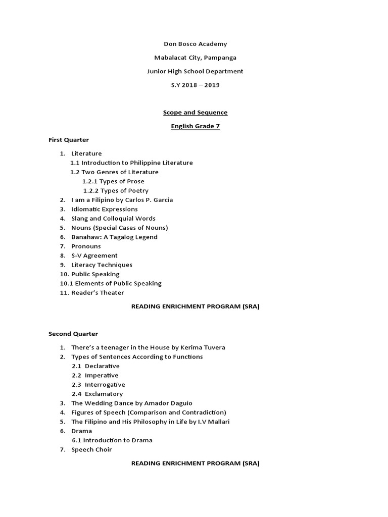 Scope and Sequence English Grade 7 First Quarter | PDF | Poetry ...