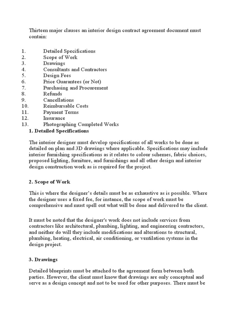 Thirteen Major Clauses An Interior Design Contract Agreement Document ...