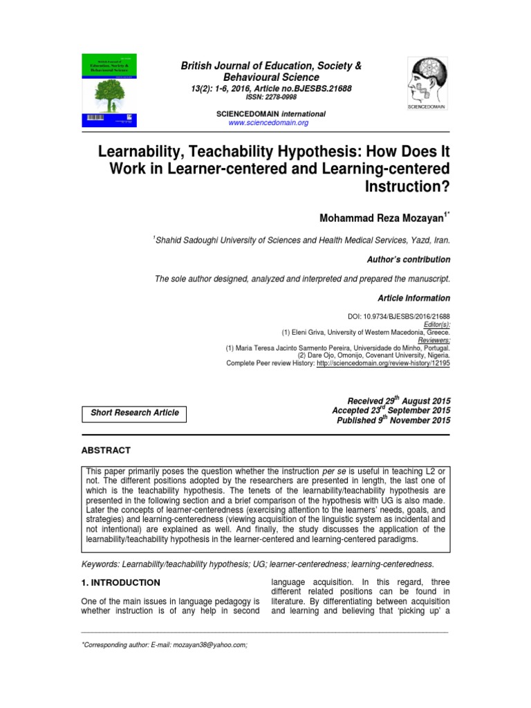 Learnability, Teachability Hypothesis: How Does It Work in Learner-Centered and Learning ...