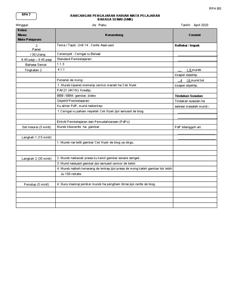 RPH Bahasa Semai SMK | PDF