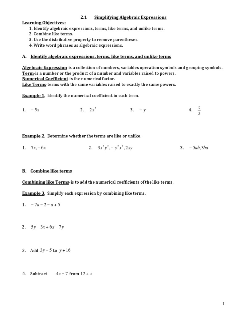 2.1 Simplifying Algebraic Expressions PDF | PDF | Numbers ...