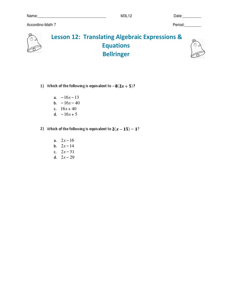 Lesson 12: Translating Algebraic Expressions & Equations Bellringer ...
