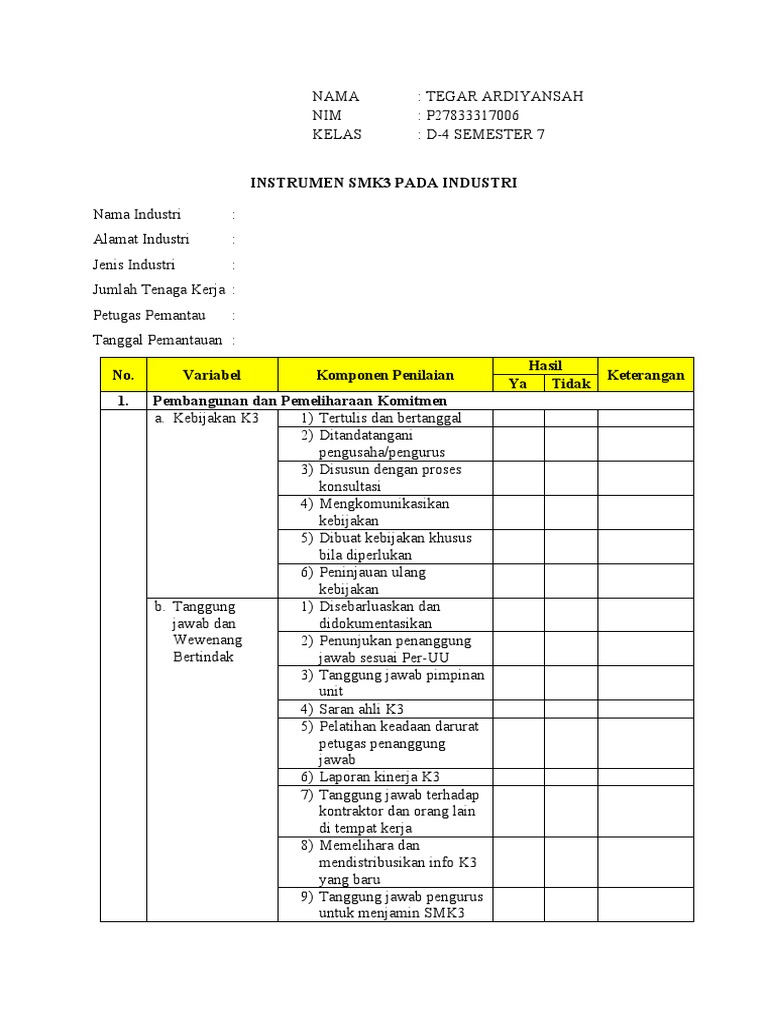 Instrumen SMK3 Tegar Ardiyansah | PDF