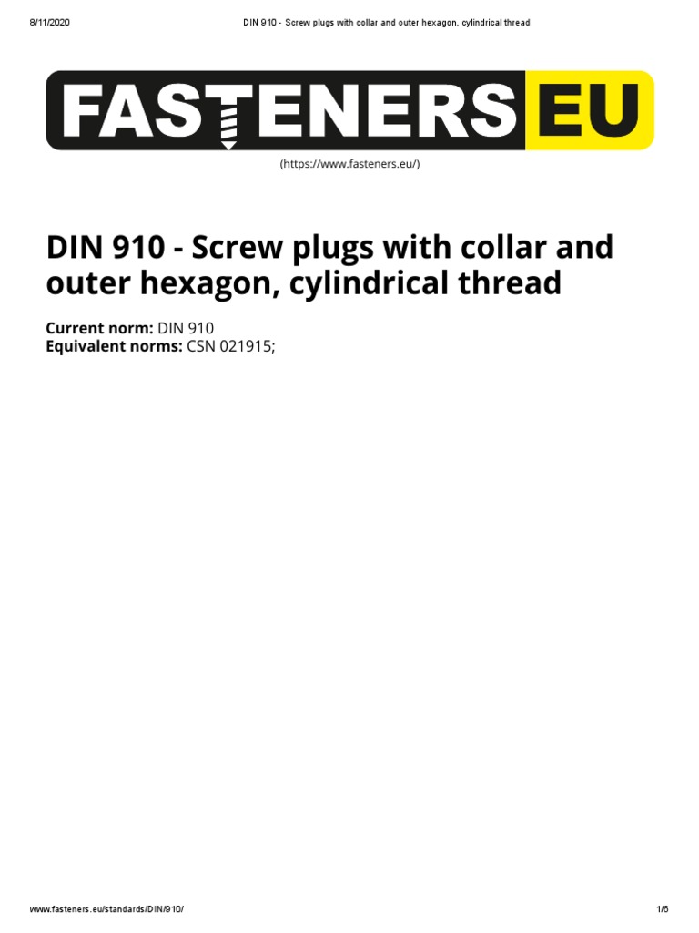 DIN 910 - Screw Plugs With Collar and Outer Hexagon, Cylindrical Thread ...