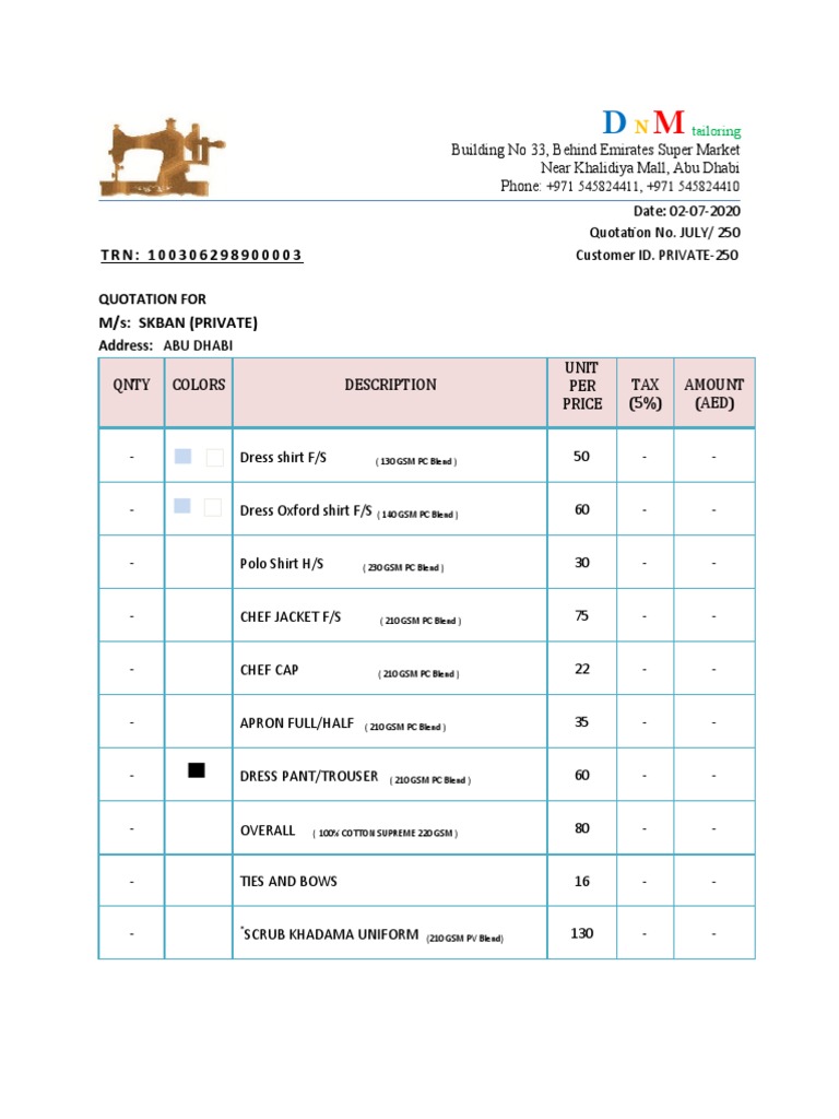 Quotation For Address: ABU DHABI: Tailoring | PDF | Fashion | Clothing