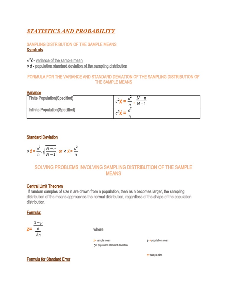 Statistics and Probability: Variance of The Sample Mean Population Standard Deviation of The ...