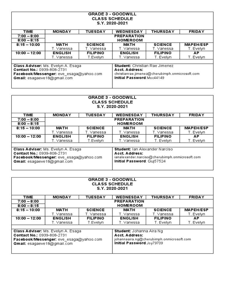 Grade 3 - Goodwill Class Schedule S.Y. 2020-2021 | PDF | Web 2.0