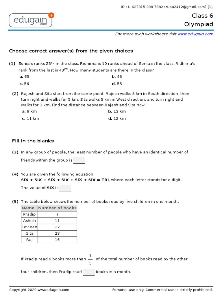 Class 6 Olympiad: Choose Correct Answer(s) From The Given Choices | PDF ...