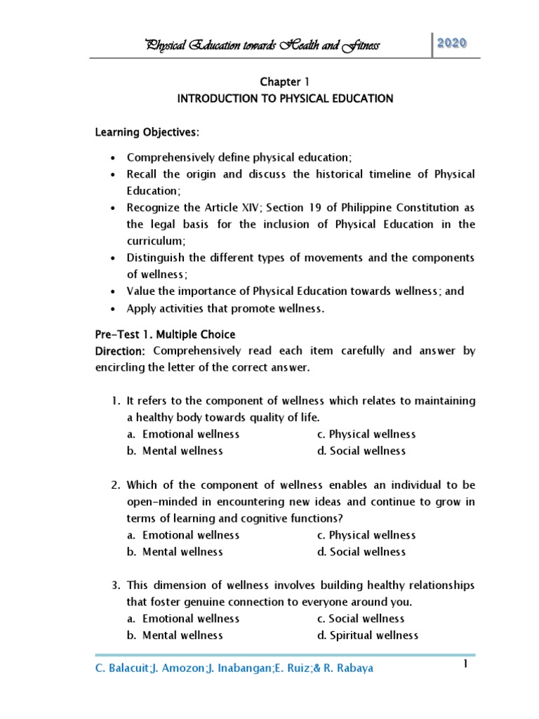 Pe1 Module 1 | PDF | Anatomical Terms Of Motion | Wellness