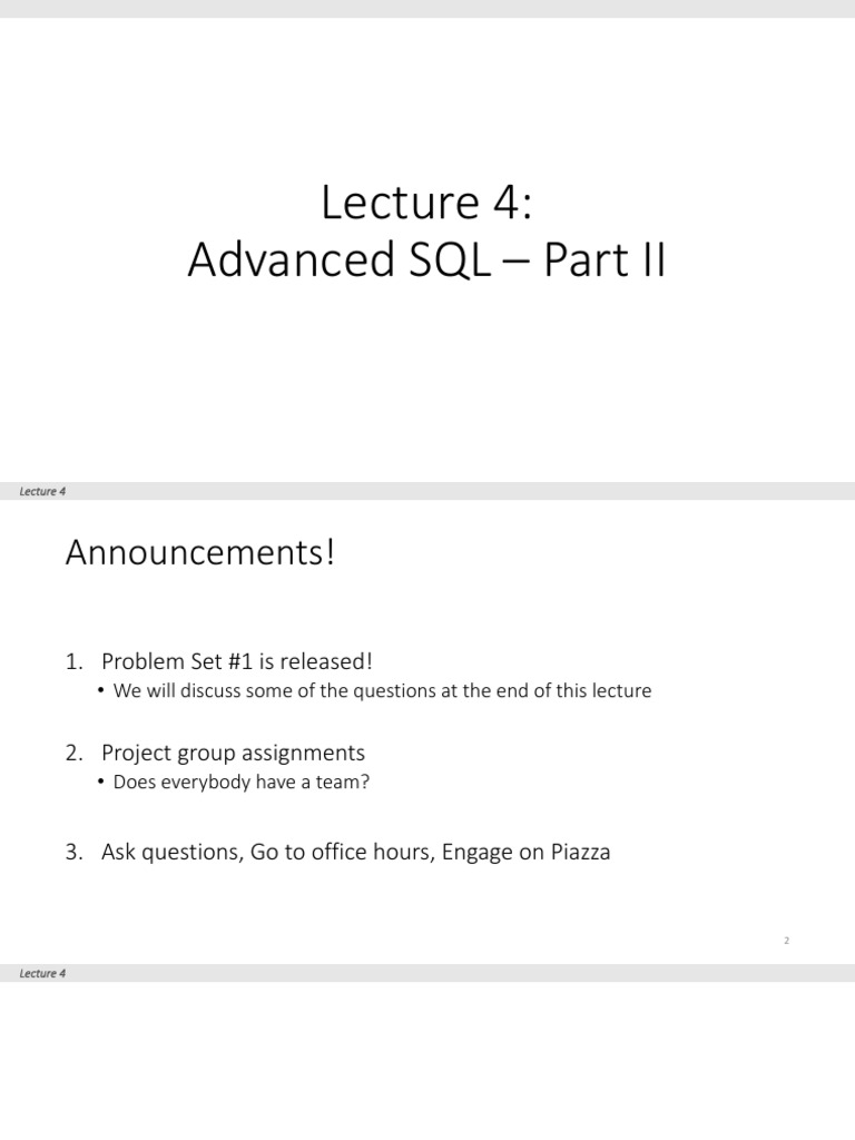 Lecture 4 SQL Adv II | PDF | Data Management | Logic